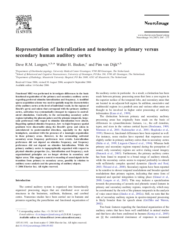 (PDF) Representation of lateralization and tonotopy in primary versus ...
