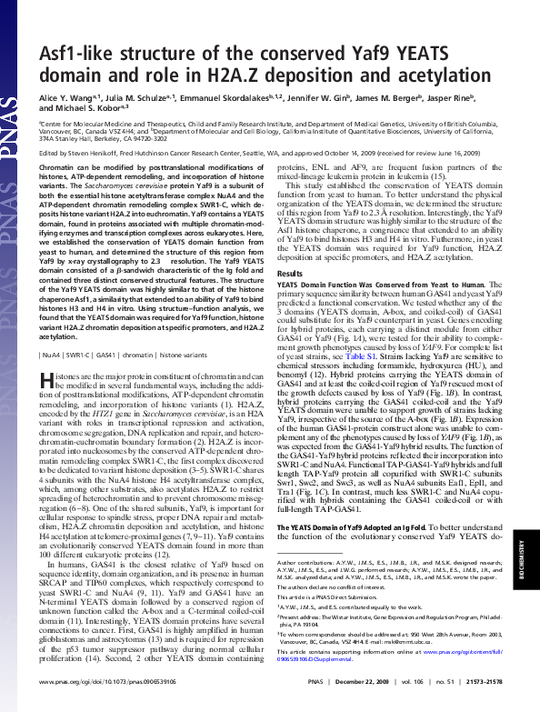 (PDF) Asf1-like structure of the conserved Yaf9 YEATS domain and role ...