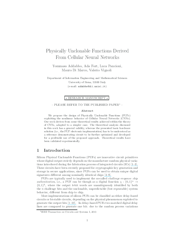 (PDF) Physically unclonable functions derived from cellular neural networks