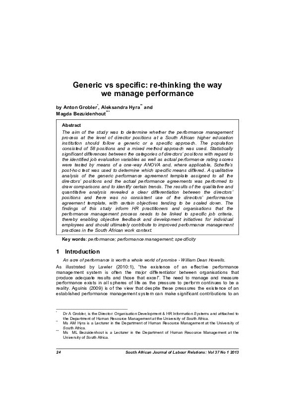 (PDF) Generic vs specific: re-thinking the way we manage performance