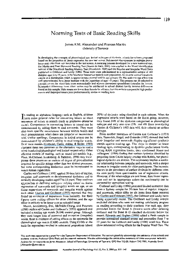 (PDF) Norming tests of basic reading skills