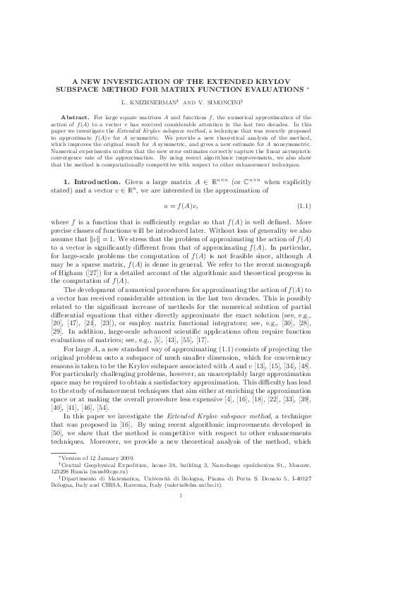 Pdf A New Investigation Of The Extended Krylov Subspace Method For Matrix Function Evaluations