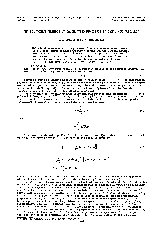 Pdf Two Polynomial Methods Of Calculating Functions Of Symmetric Matrices