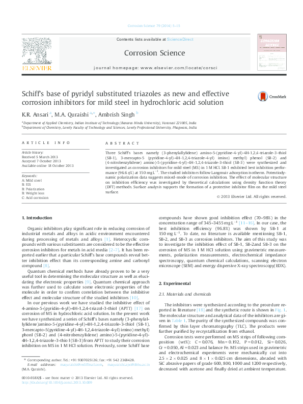 (PDF) Schiff’s base of pyridyl substituted triazoles as new and effective corrosion inhibitors ...