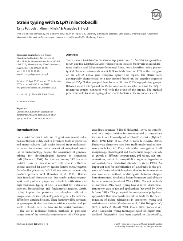 (PDF) Strain typing with IS Lpl1 in lactobacilli