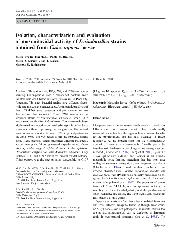 (PDF) Isolation, characterization and evaluation of mosquitocidal activity of Lysinibacillus ...
