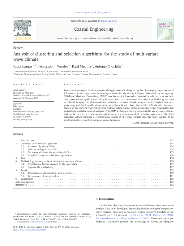 (PDF) Analysis of clustering and selection algorithms for the study of multivariate wave climate
