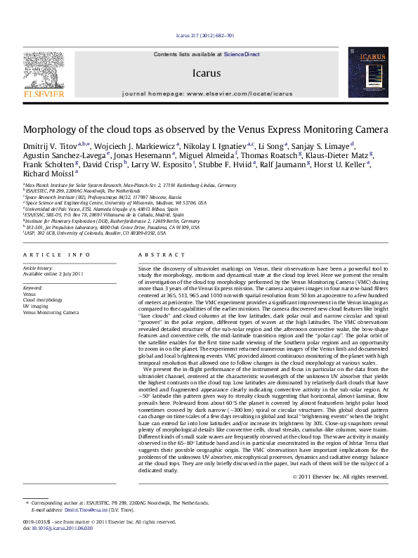 (PDF) Morphology of the cloud tops as observed by the Venus Express ...
