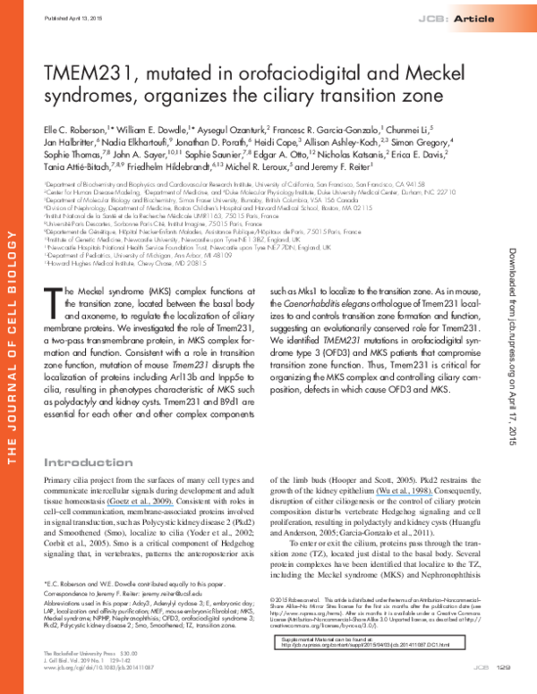 (PDF) TMEM231, mutated in orofaciodigital and Meckel syndromes ...
