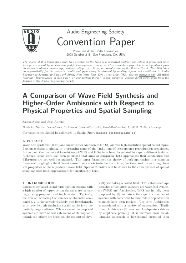 (PDF) A comparison of wave field synthesis and higher-order ambisonics ...