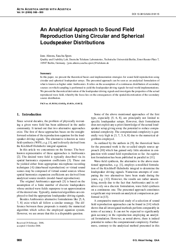 (PDF) An Analytical Approach to Sound Field Reproduction Using Circular and Spherical ...