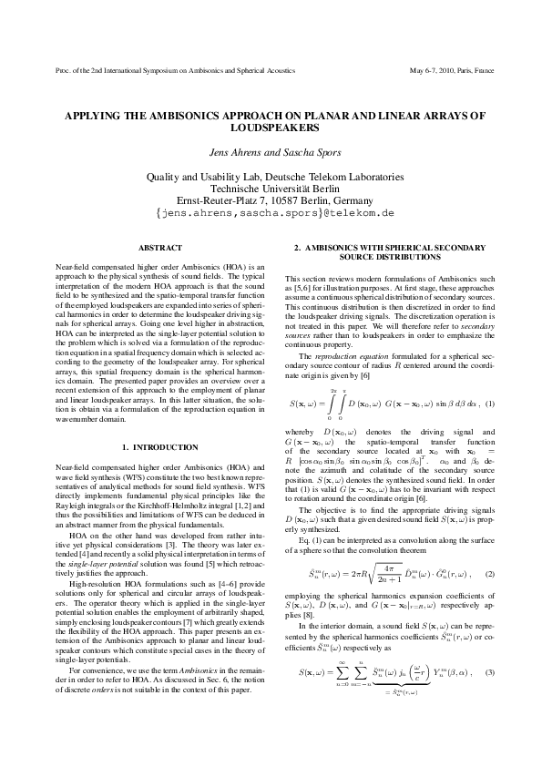 (PDF) Applying the Ambisonics approach on planar and linear arrays of loudspeakers