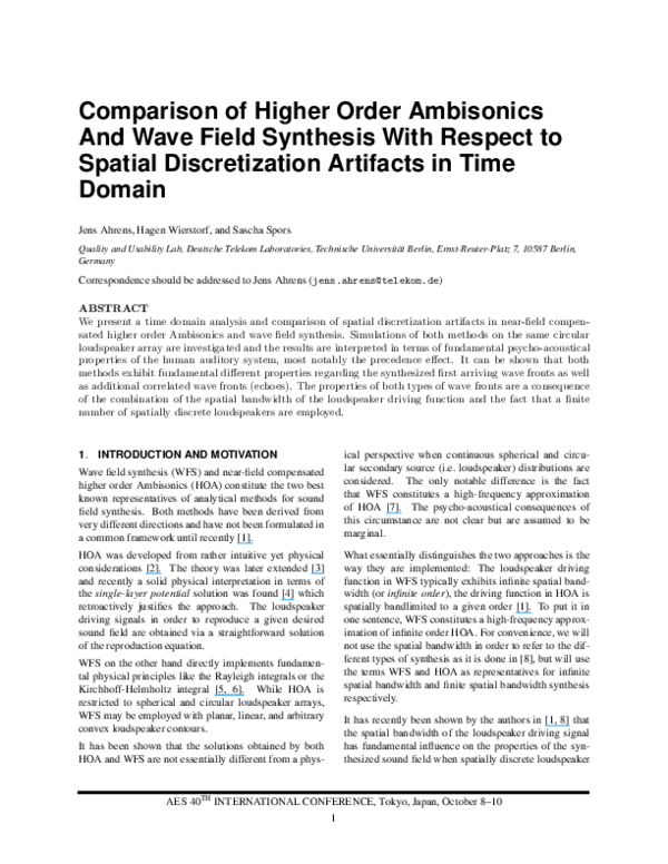 (PDF) Comparison of higher order ambisonics and wave field synthesis ...