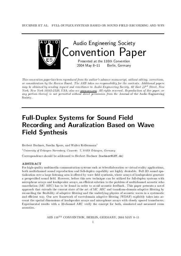 (PDF) Full-duplex systems for sound field recording and auralization based on wave field synthesis
