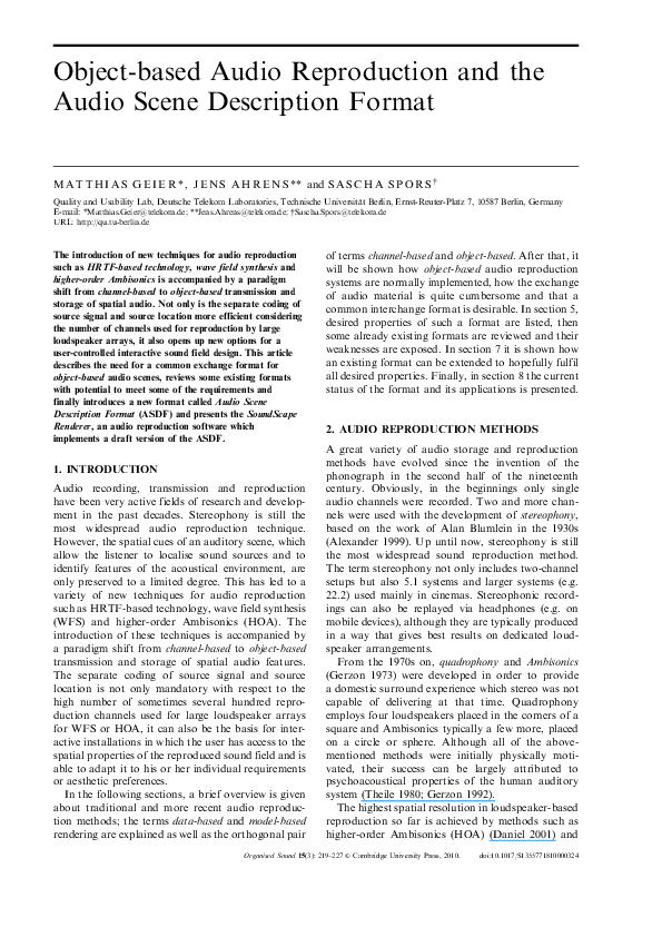 (PDF) Object-based Audio Reproduction and the Audio Scene Description Format