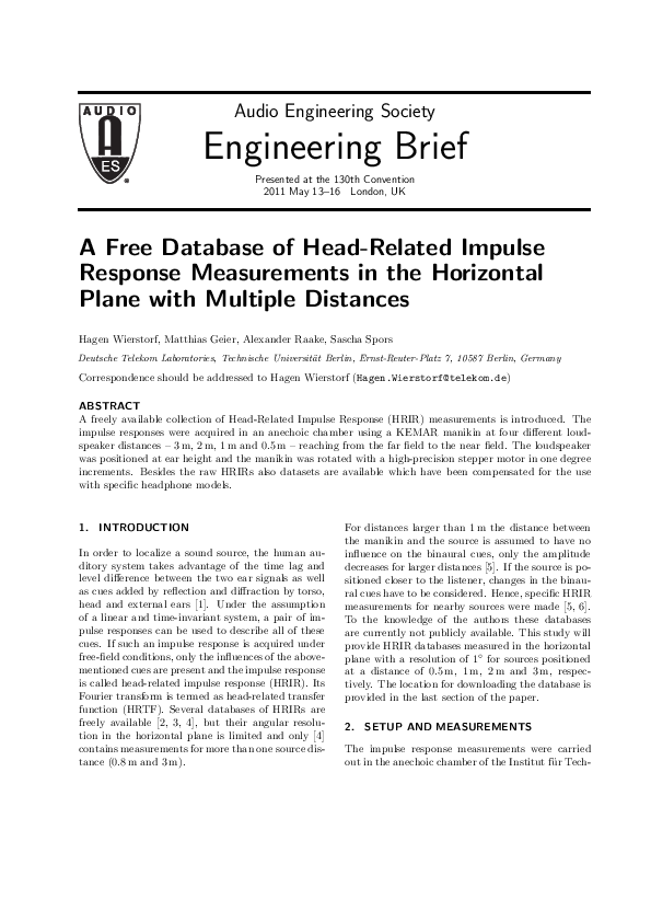 (PDF) A free database of head related impulse response measurements in the horizontal plane with ...