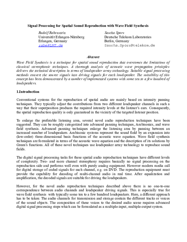 Pdf Signal Processing For Spatial Sound Reproduction With Wave Field