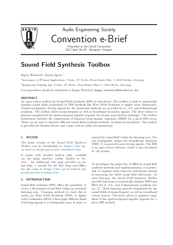 (PDF) Sound field synthesis toolbox