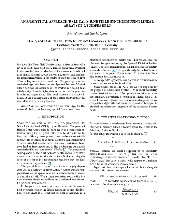 (PDF) An analytical approach to local sound field synthesis using linear arrays of loudspeakers ...
