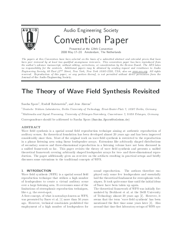 (PDF) The theory of wave field synthesis revisited