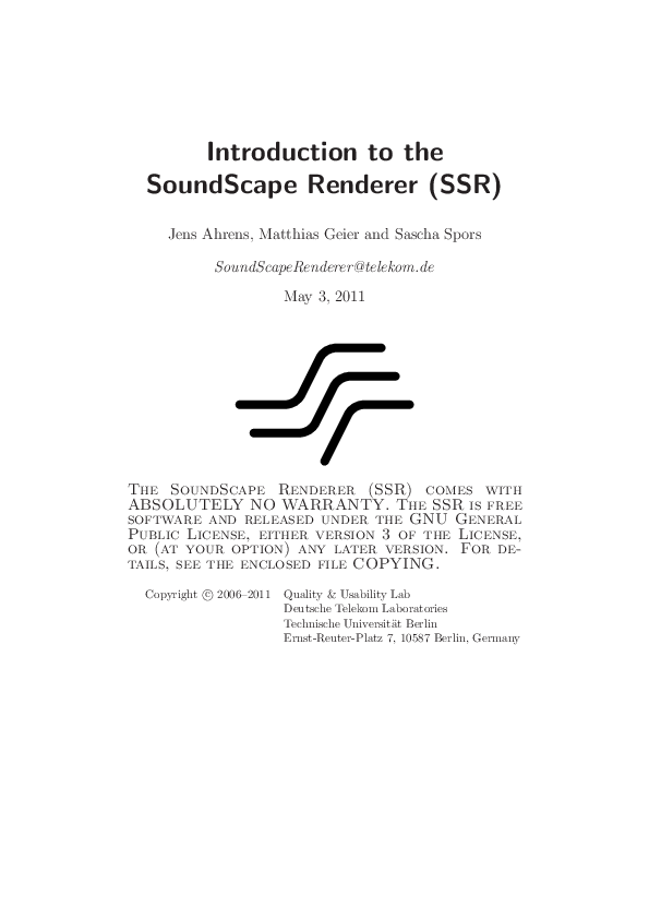 (PDF) Introduction to the SoundScape Renderer (SSR)