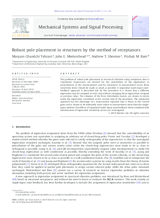 (PDF) Robust pole placement in structures by the method of receptances