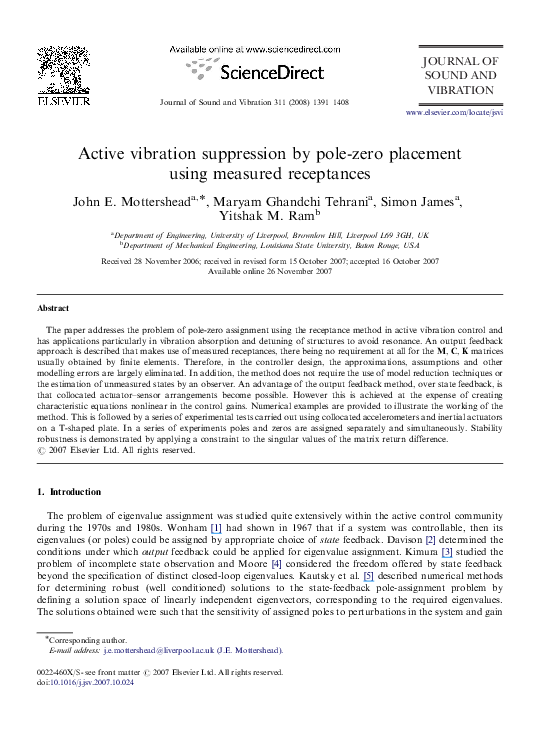 (PDF) Active vibration suppression by pole-zero placement using measured receptances