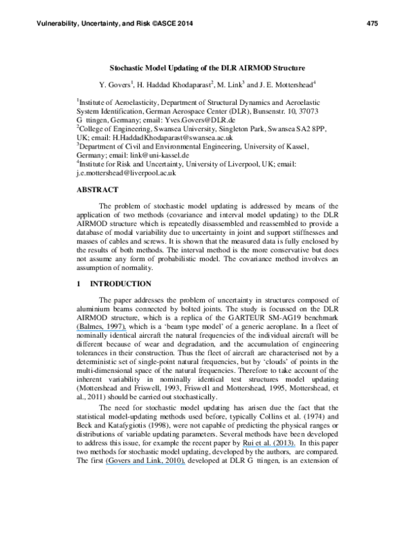Pdf Stochastic Model Updating Of The Dlr Airmod Structure John Mottershead