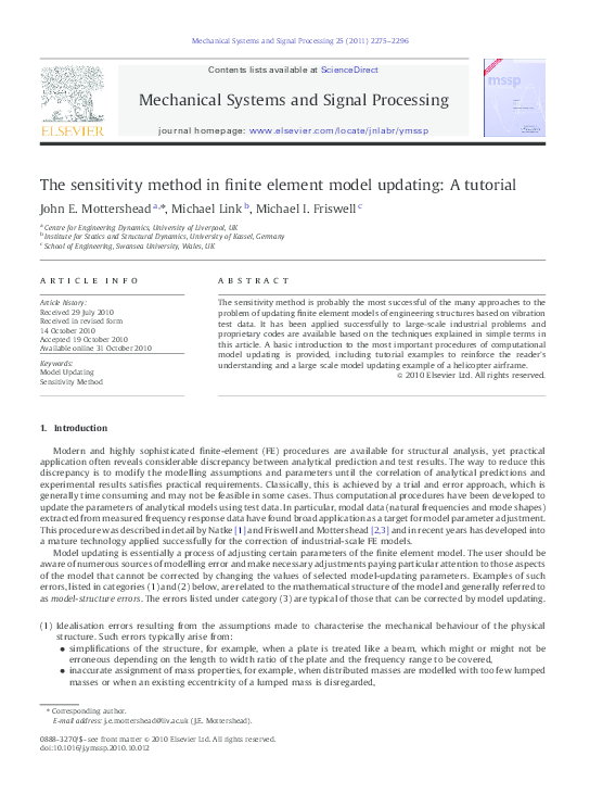 Pdf The Sensitivity Method In Finite Element Model Updating A Tutorial