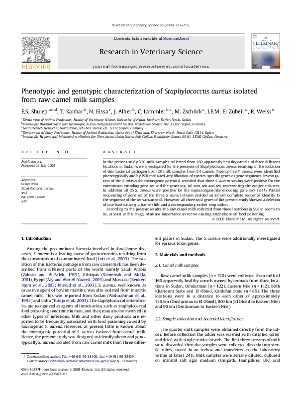 Phenotypic And Genotypic Characterization Of Staphylococcus Aureus Isolated From Raw Camel Milk
