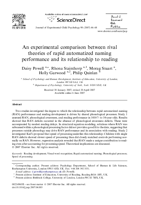 (PDF) RAN Performance's Unique Role in Reading