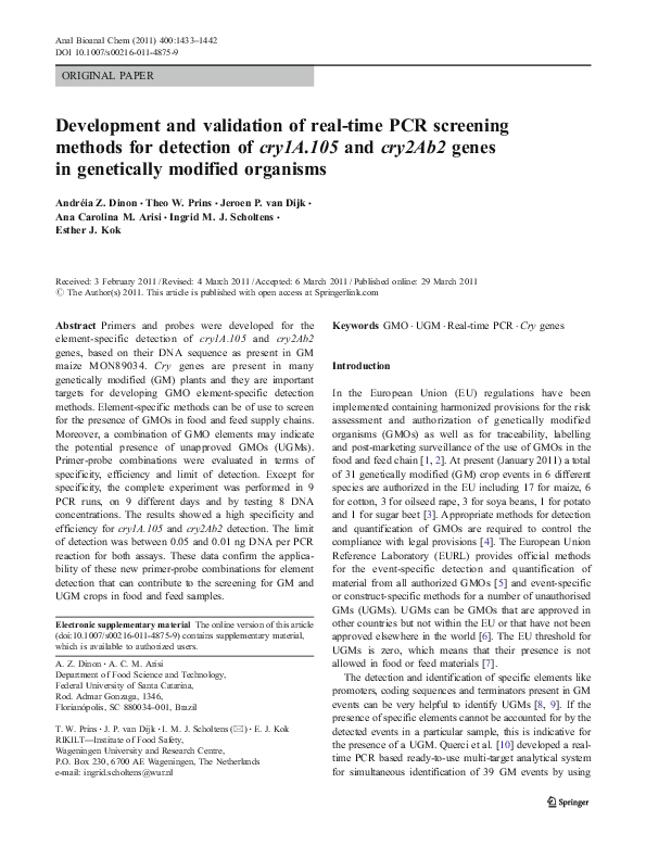 (PDF) Development and validation of real-time PCR screening methods for detection of cry1A.105 ...
