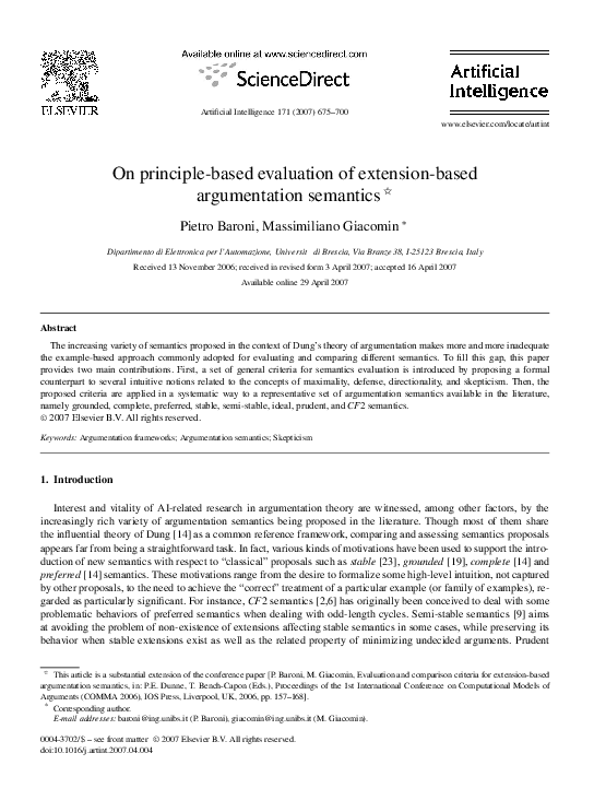 Pdf On Principle Based Evaluation Of Extension Based Argumentation Semantics☆ Massimiliano