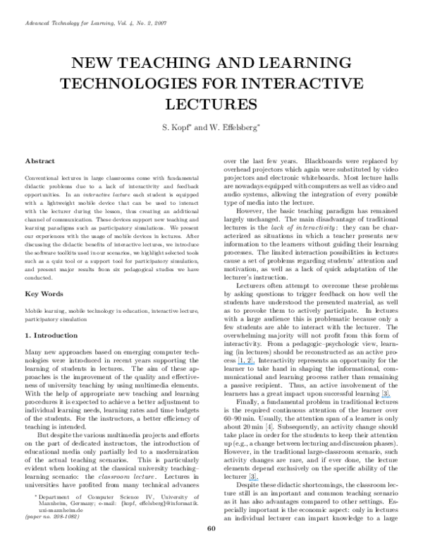 (PDF) NEW TEACHING AND LEARNING TECHNOLOGIES FOR INTERACTIVE LECTURES