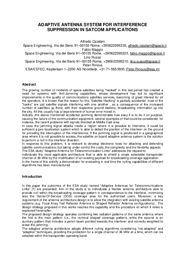 (PDF) ADAPTIVE ANTENNA SYSTEM FOR INTERFERENCE SUPPRESSION IN SATCOM ...