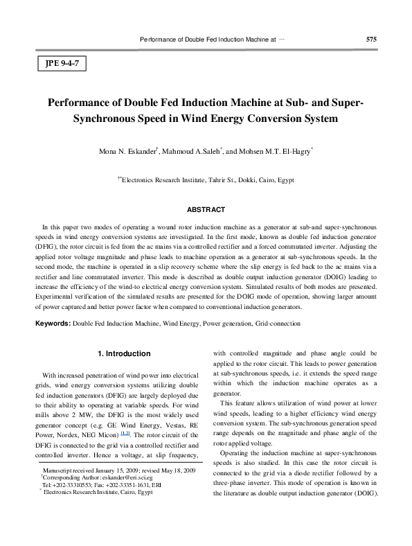 Pdf Performance Of Double Fed Induction Machine At Sub And Super Synchronous Speed In Wind