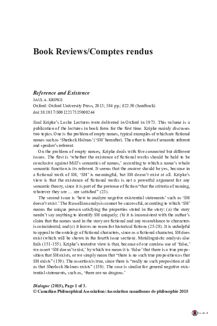 (PDF) Review of Saul Kripke's Reference and Existence