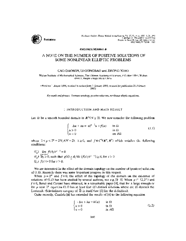Pdf A Note On The Number Of Positive Solutions Of Some Nonlinear Elliptic Problems