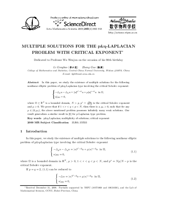 (PDF) Multiple solutions for the p&q-Laplacian problem with critical exponent