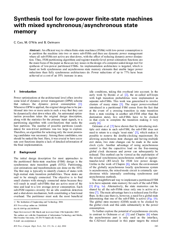(PDF) Synthesis tool for low-power finite-state machines with mixed synchronous/asynchronous ...