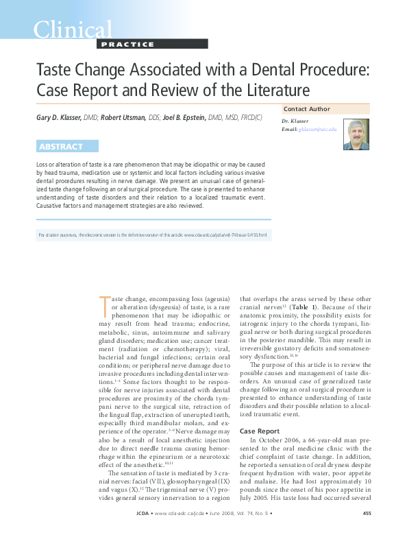 (PDF) Taste change associated with a dental procedure: case report and ...