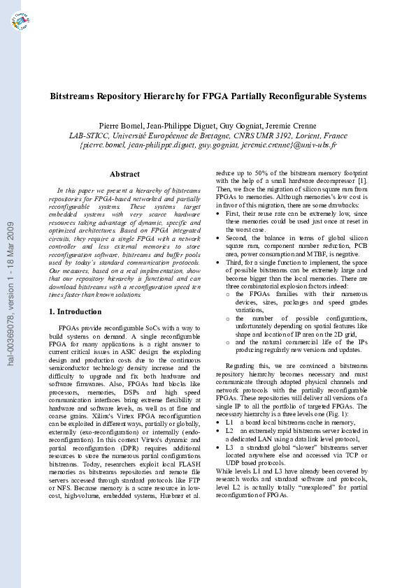 (PDF) Bitstreams Repository Hierarchy for FPGA Partially Reconfigurable Systems