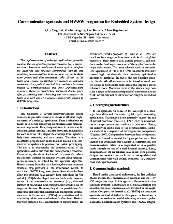 Communication synthesis and HW/SW integration for embedded system design