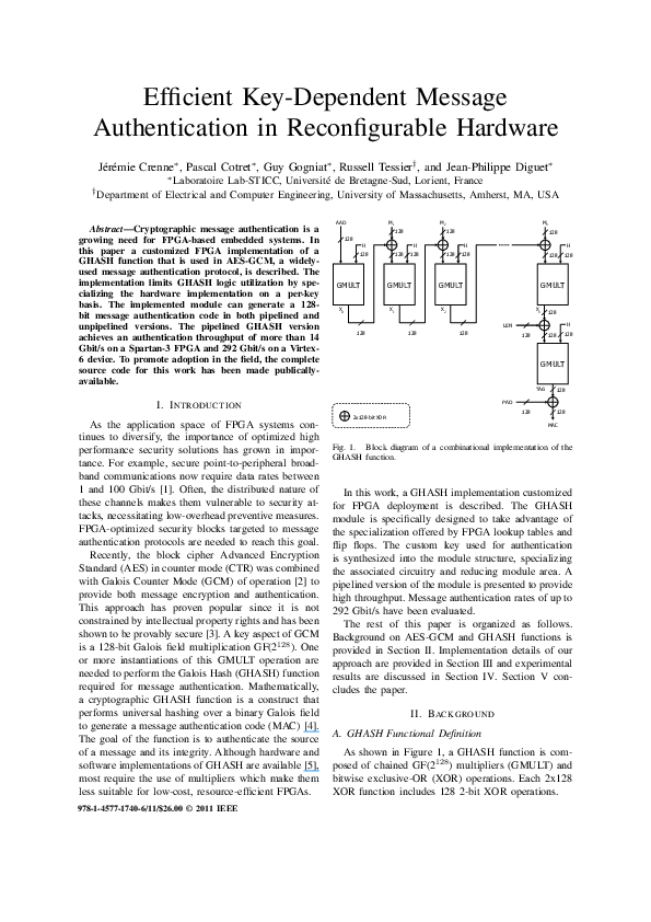 (PDF) Efficient key-dependent message authentication in reconfigurable hardware