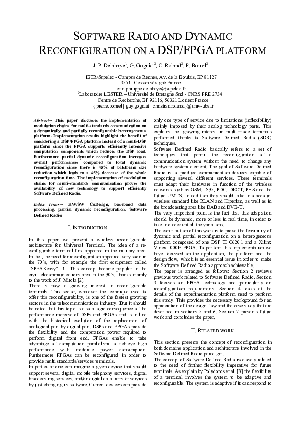 (PDF) Software Radio and Dynamic Reconfiguration on a DSP/FPGA platform