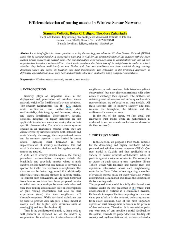 Pdf Efficient Detection Of Routing Attacks In Wireless Sensor Networks