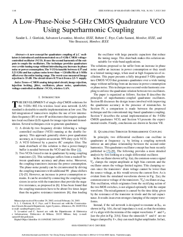 (PDF) A low-phase-noise 5-GHz CMOS quadrature VCO using superharmonic coupling