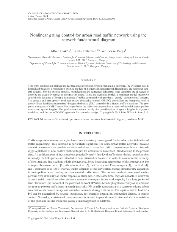 (PDF) Nonlinear gating control for urban road traffic network using the network fundamental diagram
