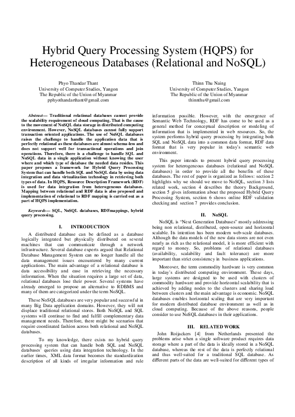 Hybrid Query Processing System Hqps For Heterogeneous Databases Relational And Nosql Phyo
