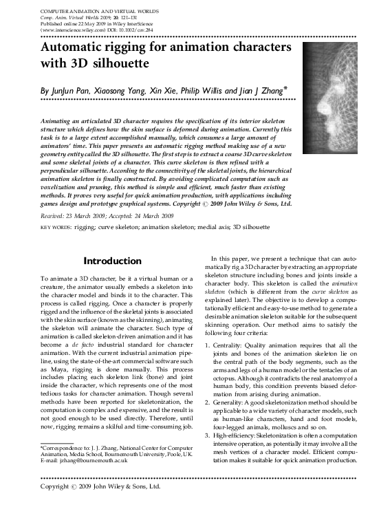 (PDF) Automatic rigging for animation characters with 3D silhouette